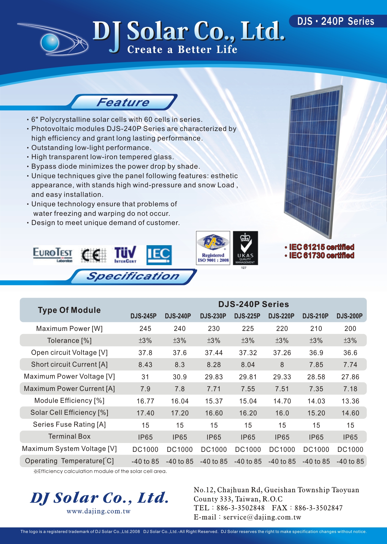 大晶光電股份有限公司 DJ Solar-DJS-240P Series